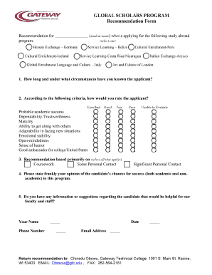 Fillable Online gtc GLOBAL SCHOLARS PROGRAM Recommendation Form Fax ...