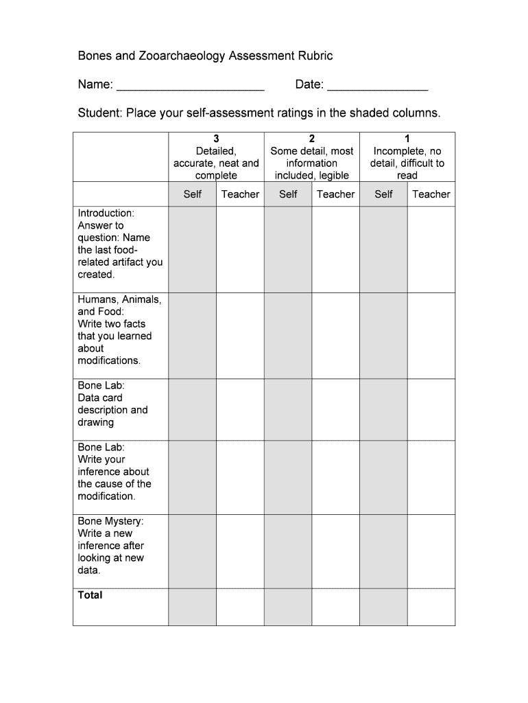 Fillable Online nsta Bones and Zooarchaeology Assessment Rubric Fax ...