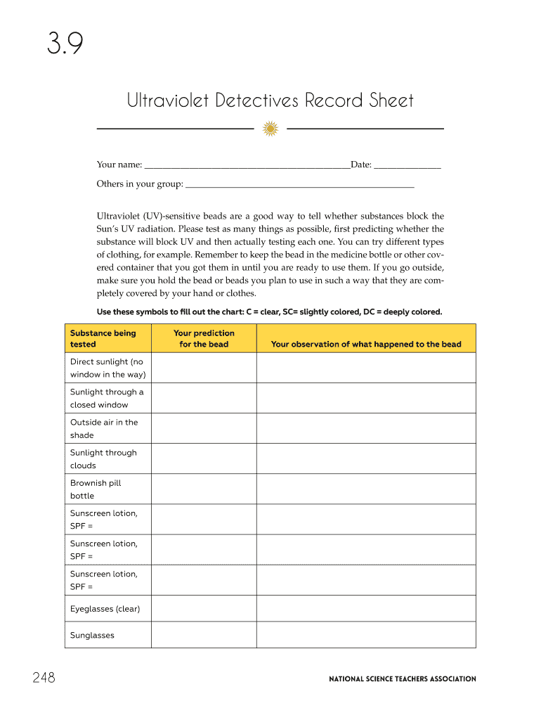 Fillable Online nsta Ultraviolet Detectives Record Sheet - nsta Fax ...
