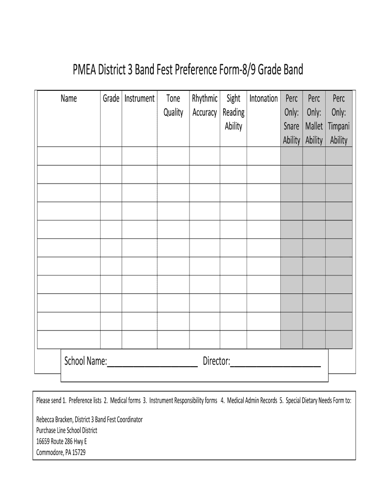 Fillable Online PMEA District 3 Band Fest Preference Form-89 Grade Band ...