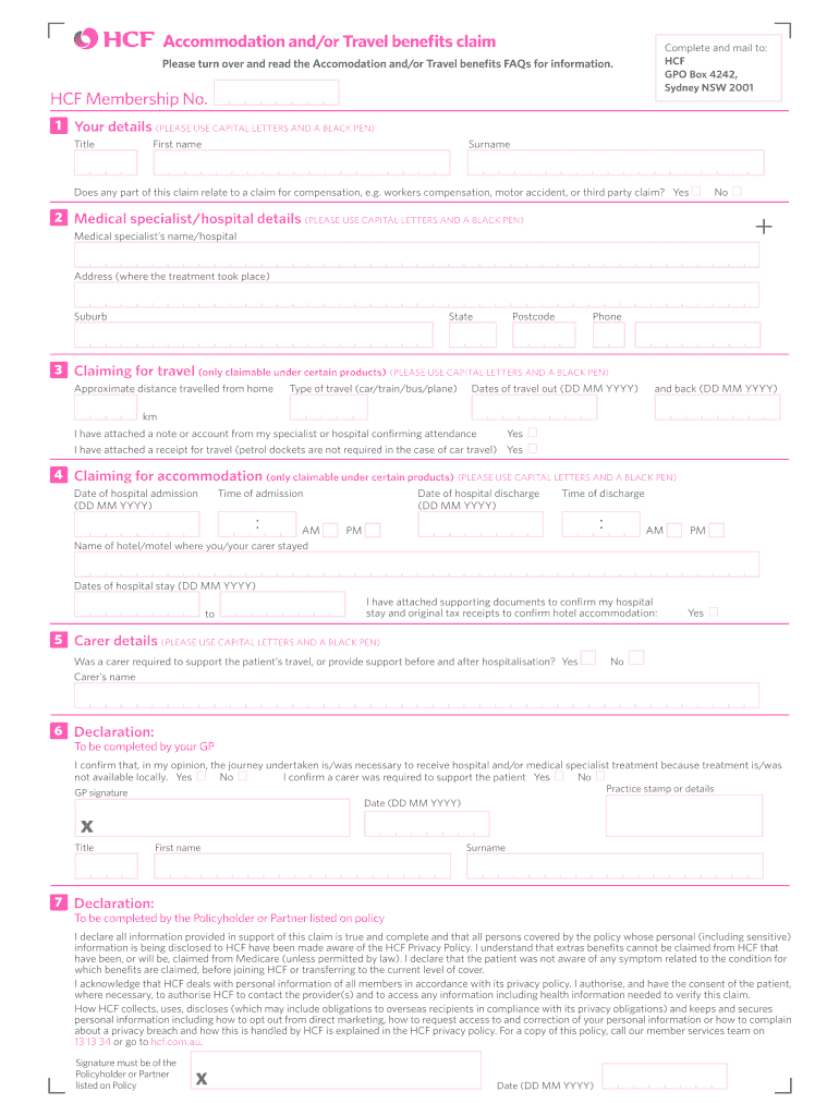Fillable Online hcf com Accommodation andor Travel benefits claim - HCF ...