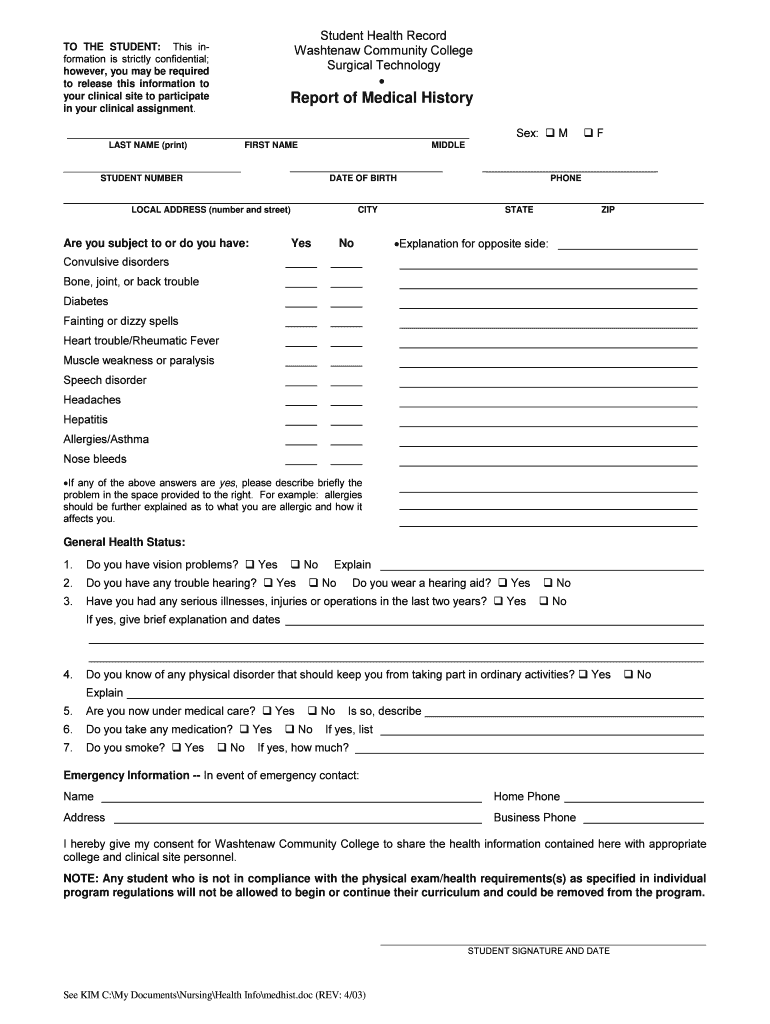 Fillable Online health wccnet REPORT OF MEDICAL HISTORY - Home - Health Fax Email Print - pdfFiller