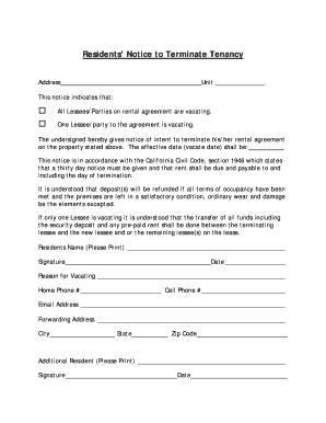 Fillable Online Residents Notice to Terminate Tenancy - Wolfe amp ...
