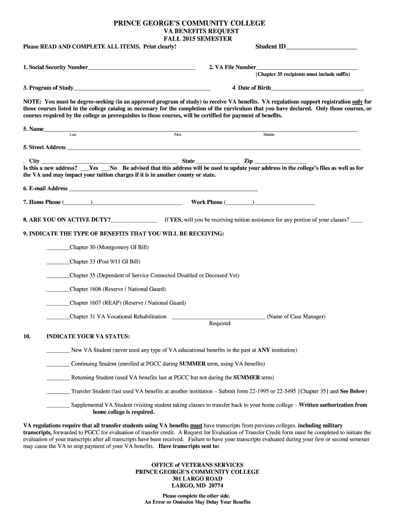 Fillable Online pgcc PRINCE GEORGES COMMUNITY COLLEGE VA BENEFITS REQUEST FALL - pgcc Fax Email ...