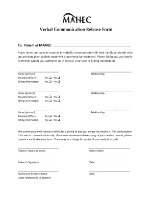 Fillable Online sys mahec Verbal Communication Release Form - sys mahec ...