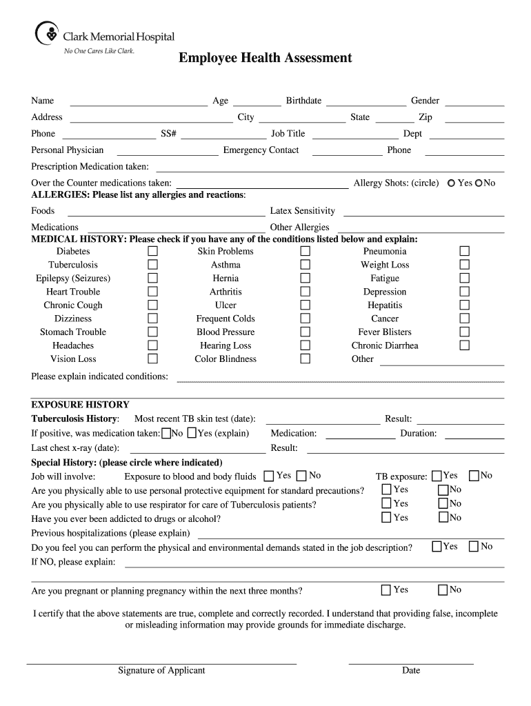 Fillable Online Employee Health Assessment - Clark Memorial Hospital ...
