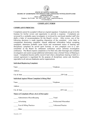 Fillable Online ncboeslpa COMPLAINT FORM COMPLAINT PROCESS - North ...