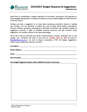 Fillable Online 20162017 Budget Requests Suggestions - Reston Fax Email ...