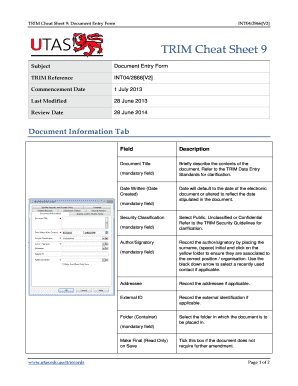Fillable Online utas edu TRIM Cheat Sheet 9 Document Entry Form Fax ...