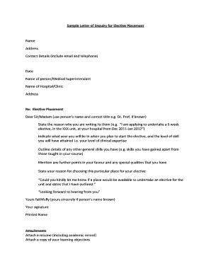 Fillable Online Sample Letter of Enquiry for Elective Placement Fax ...