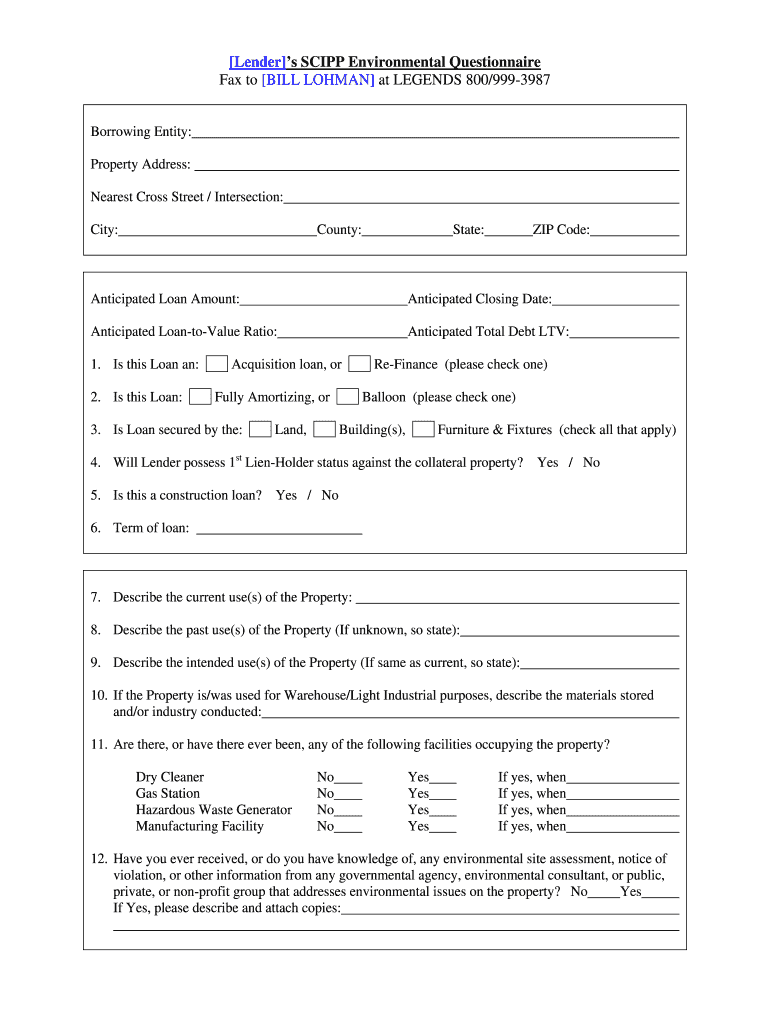 Fillable Online Lenders SCIPP Environmental Questionnaire Fax to BILL ...