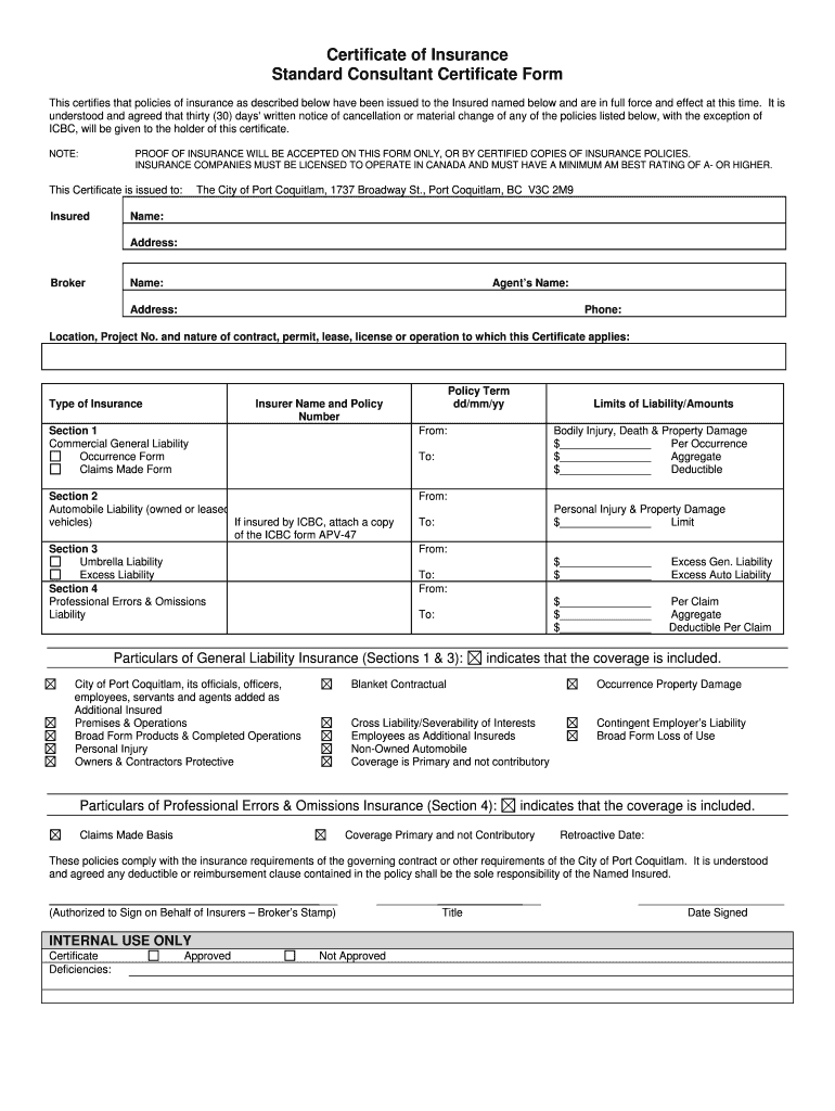 Fillable Online Certificate of Insurance Standard Consultant ...