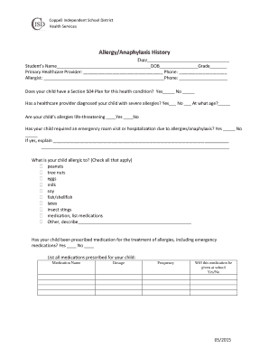 Fillable Online AllergyAnaphylaxis History Fax Email Print - pdfFiller