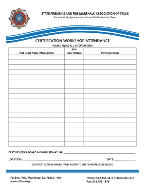 Fillable Online sffma CERTIFICATION WORKSHOP ATTENDANCE - SFFMA Fax ...
