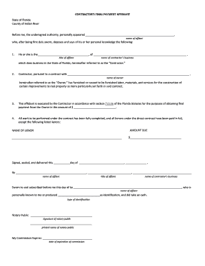 Fillable Online clerk indian-river Contractors Final Payment Affidavit - Indian River County ...
