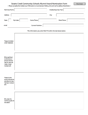 Fillable Online swartzcreek Swartz Creek Community Schools Alumni Award Nomination Form Fax ...