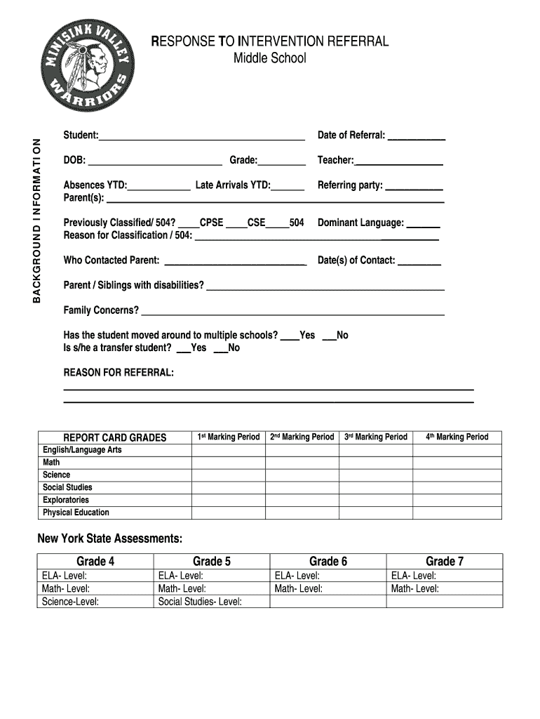 Fillable Online RESPONSE TO INTERVENTION REFERRAL Middle School Fax Email Print - pdfFiller