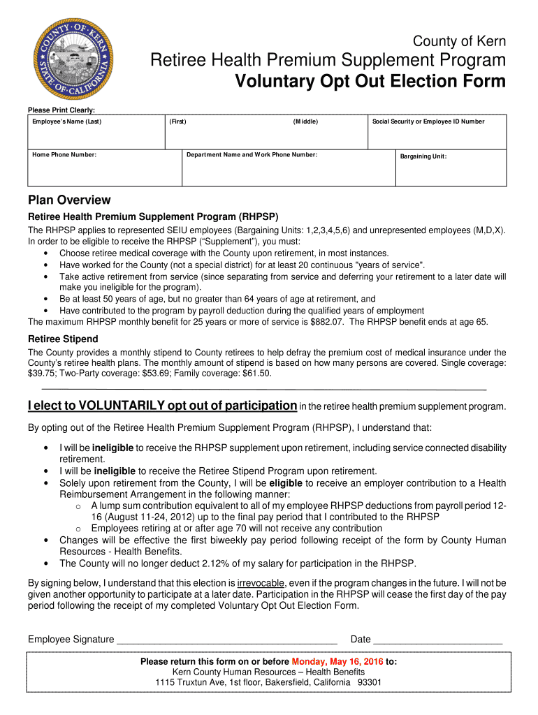 Fillable Online Retiree Health Premium Supplement Program Voluntary Opt ...