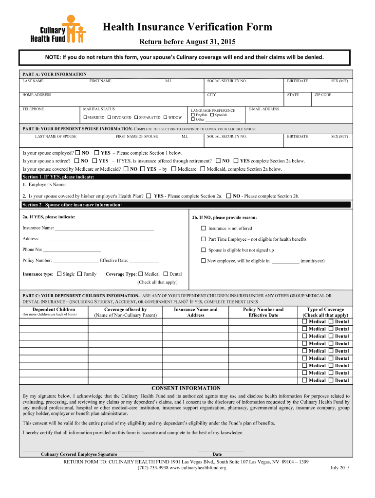 Fillable Online culinaryhealthfund Health Insurance Verification Form ...