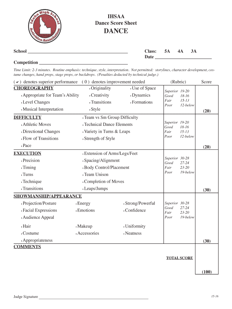 Fillable Online idhsaa IHSAA Dance Score Sheet DANCE - bidhsaaorgb Fax ...