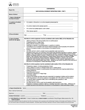 Fillable Online CONFIDENTIAL Report No SAFE SCHOOLS INCIDENT REPORTING ...
