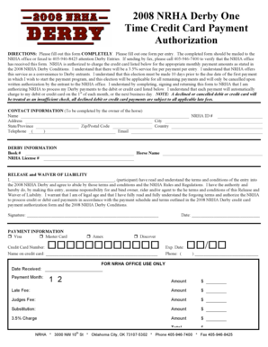 Fillable Online NRHA Derby Credit Card One Time Payment Form Fax Email ...