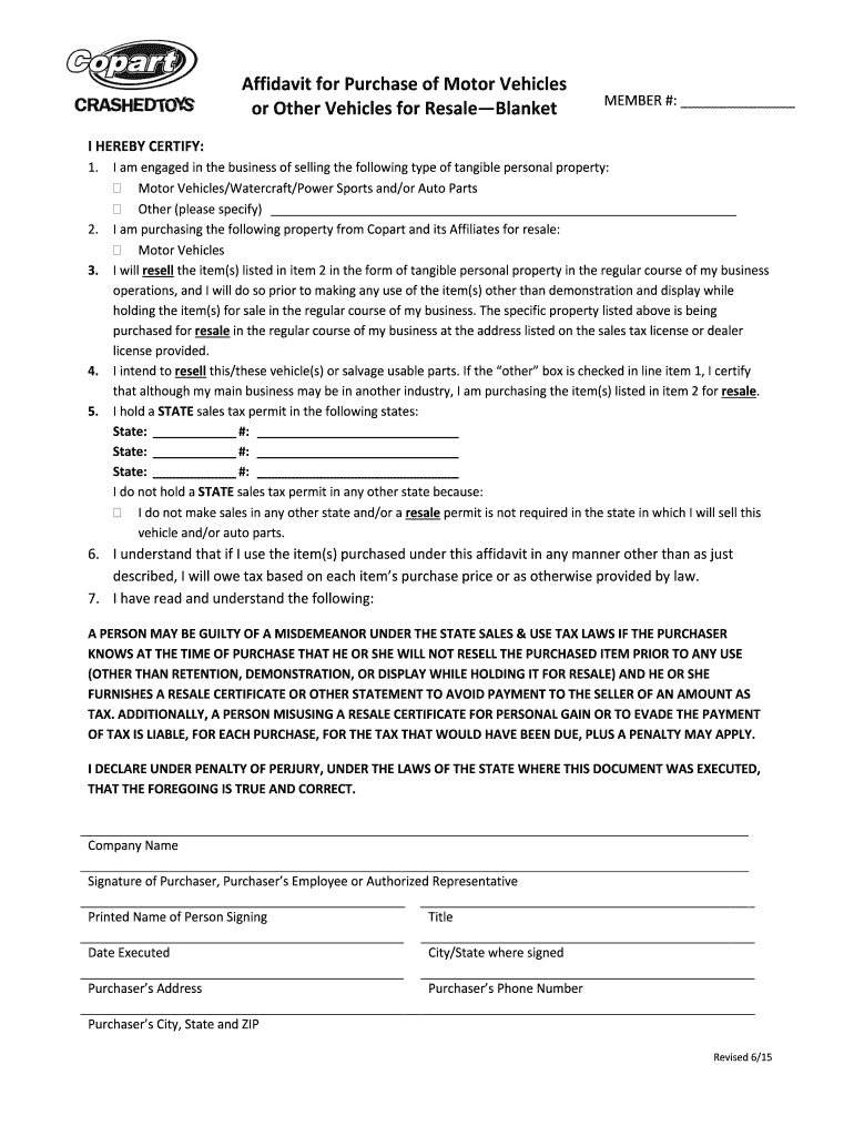 Fillable Online Affidavit for Purchase of Motor Vehicles or Other ...