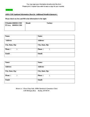 Fillable Online ARBA COD Applicant Information Sheet for Additional Fax Email Print - pdfFiller