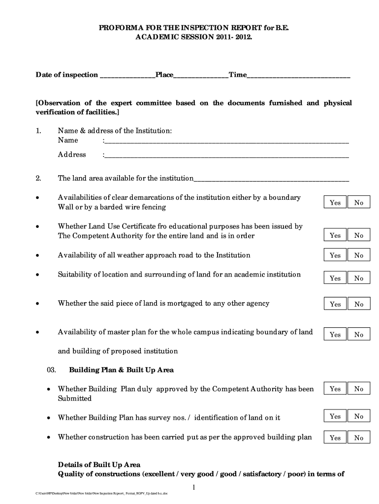 Fillable Online PROFORMA FOR THE INSPECTION REPORT for BE ACADEMIC Fax ...