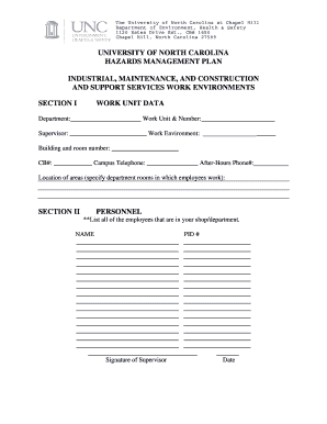 Fillable Online ehs unc Hazards Management Plan Form - ehsuncedu - ehs ...