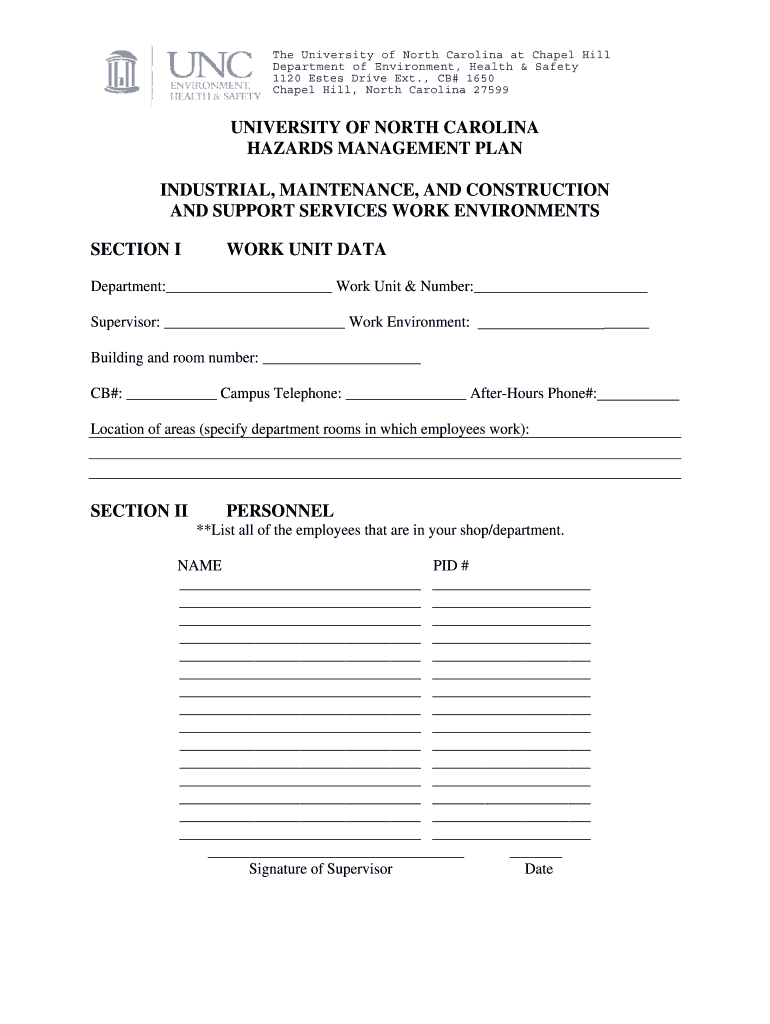 Fillable Online ehs unc Hazards Management Plan Form - ehsuncedu - ehs ...