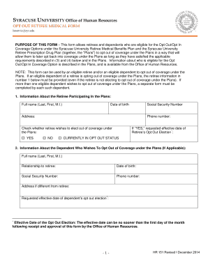 Fillable Online humanresources syr RETIREE MEDICAL FORM - Syracuse University Office of Human ...