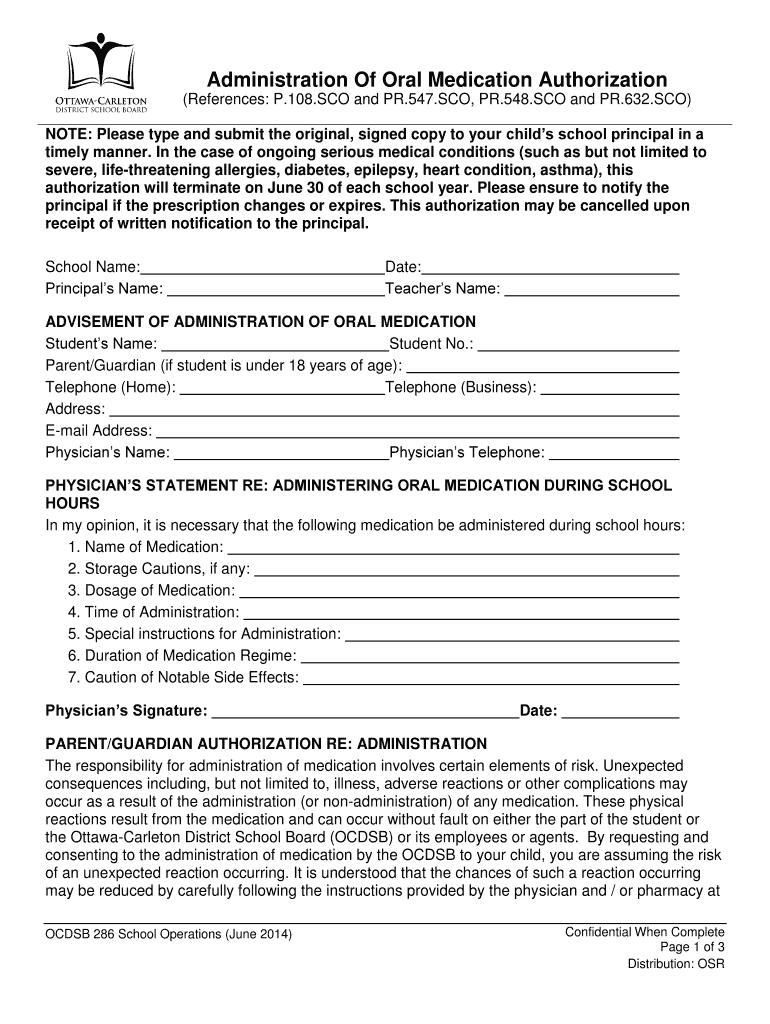 Fillable Online devonshireps ocdsb Administration of Oral Medication ...