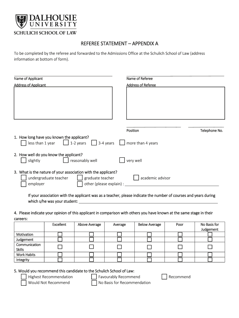Fillable Online Sculich School of Law Admissions - Appendix A - Referee ...