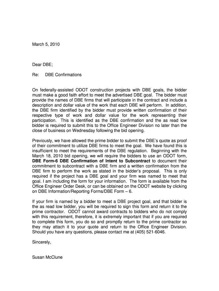 Fillable Online odot DBE Form-6 DBE Confirmation of Intent to ...