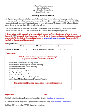 Fillable Online columbiasc Training Transcript Release - Columbia ...