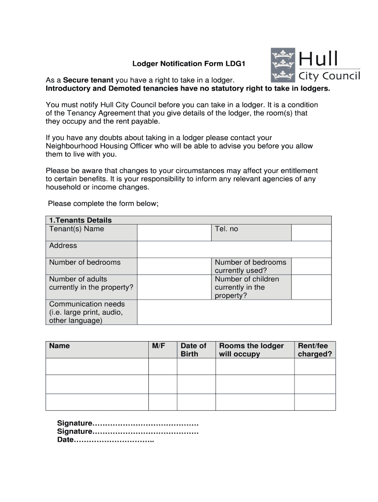 Fillable Online hullcc gov Lodger notification form - hullccgovuk Fax ...