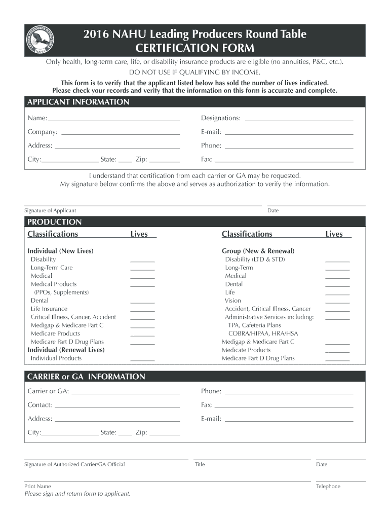 Fillable Online nahu 2016 NAHU Leading Producers Round Table ...