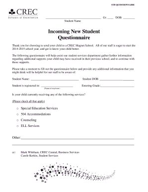 Fillable Online Incoming New Student Questionnaire - Two Rivers Magnet ...