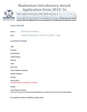 Fillable Online aberdeenshire gov Badminton Introductory Award ...