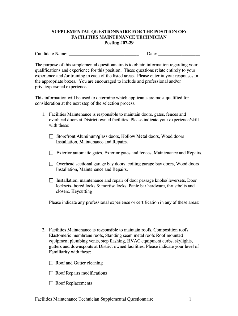 Fillable Online cleanwaterservices Supplemental questionnaire for the ...