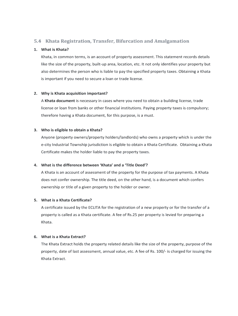 Fillable Online 4 Khata Registration, Transfer, Bifurcation and ...