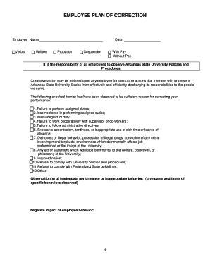 Fillable Online asub EMPLOYEE PLAN OF CORRECTION - Arkansas State ...
