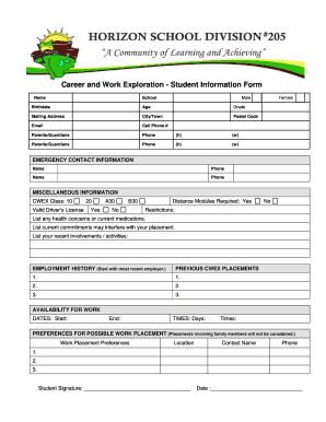 Fillable Online Career and Work Exploration - Student Information Form ...