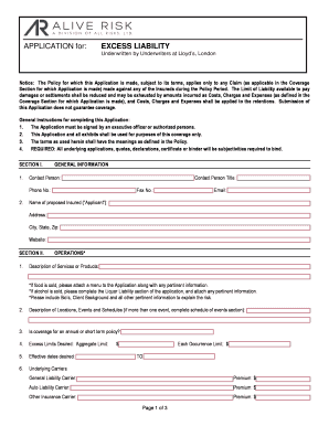 Fillable Online APPLICATION for EXCESS LIABILITY - All Risks Ltd Fax ...