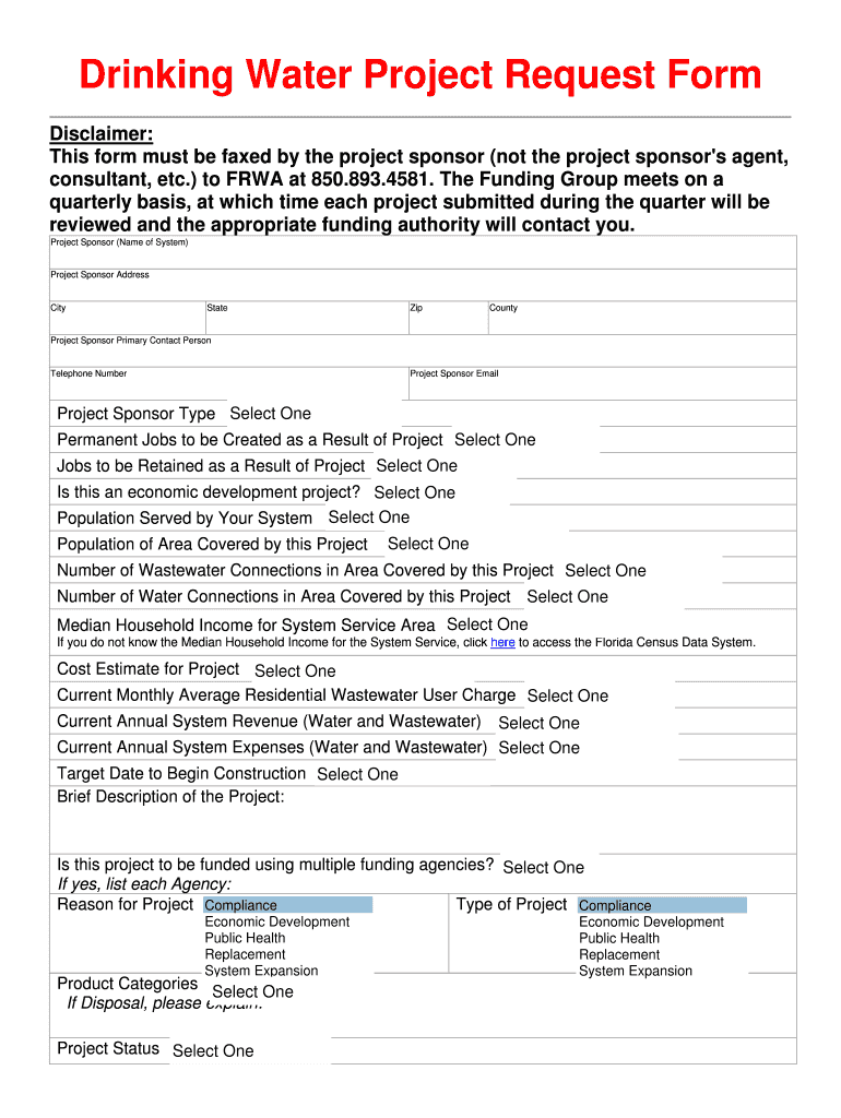 Fillable Online Drinking Water Project Request Form - Tallahassee FL ...
