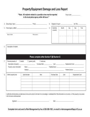 Fillable Online risk aurorak12 PropertyEquipment Damage and Loss Report ...