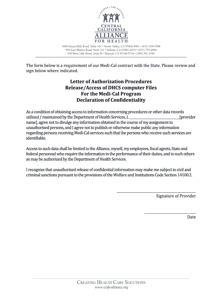 Fillable Online ccah-alliance Letter of Authorization Procedures ...