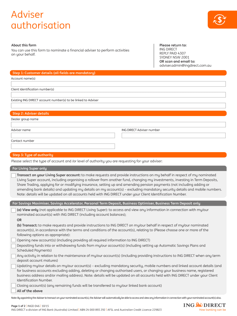 Fillable Online Adviser authorisation - ING DIRECT Australia Fax Email ...