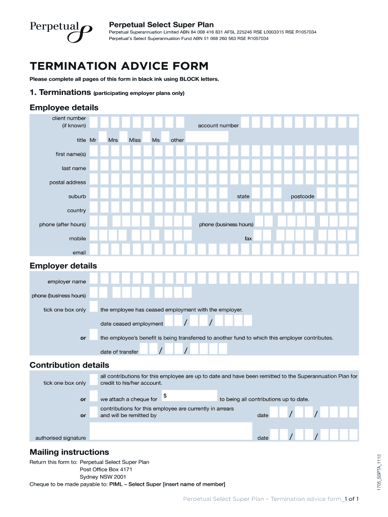 Fillable Online TerminaTion advice form - Perpetual Limited Fax Email ...